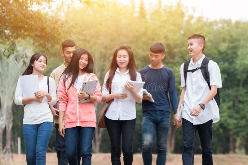 Education Learning Concept: Confident Asian Students Groups Walking ...