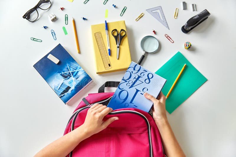 Hands with Backpack, Books and School Supplies Stock Photo - Image of ...