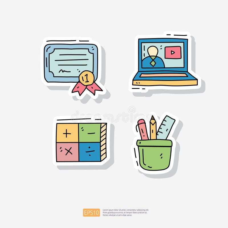 Education and Learning Doodle Icon Set. E-learning or Online School and ...