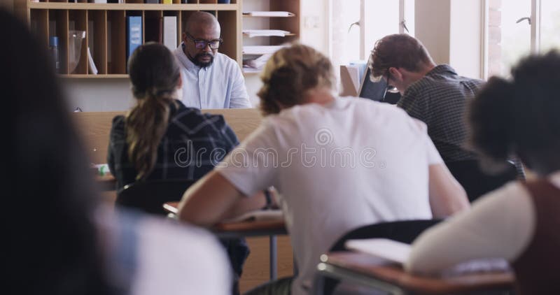 Classroom, Students and Raised Hand for Teacher Question with Education ...