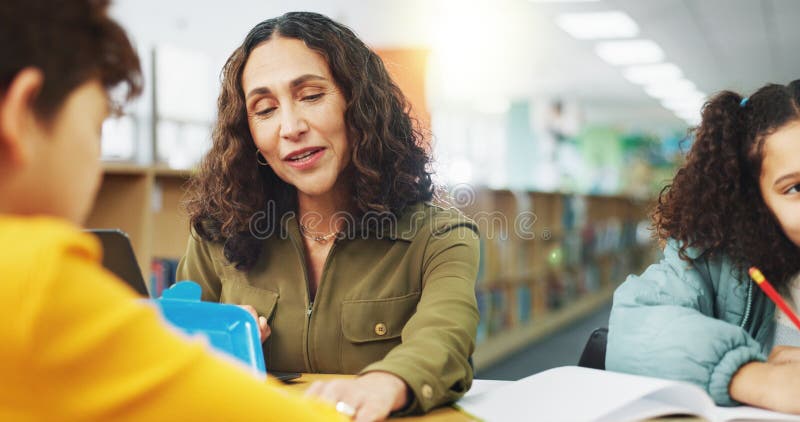 Education, Learning or Study with Students and Teacher in Library of ...