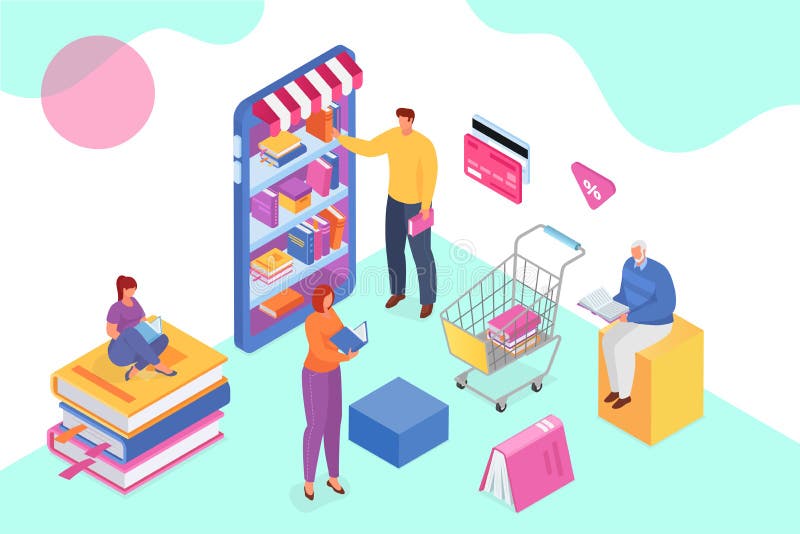 Education Library Online, Vector Illustration. Buy Book in Smartphone ...