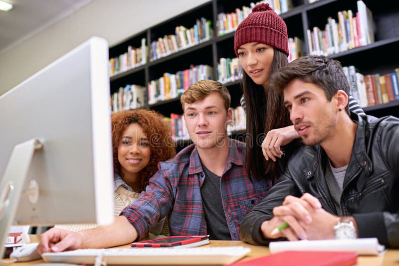 Education, Library and Team of Students on Computer for Exam, Learning ...