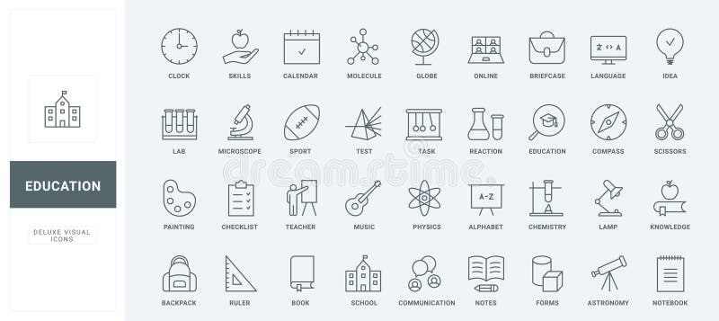 Education Line Icons Set, Book and Lab Tests for Study, School Building ...