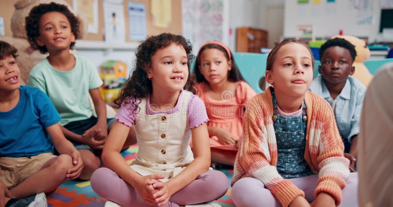 Education, Listening and Group of Children, Learning and Teacher with ...