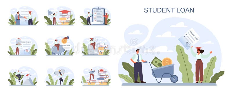 Education Loan Set. Student Characters Paying Debt for Education Stock ...