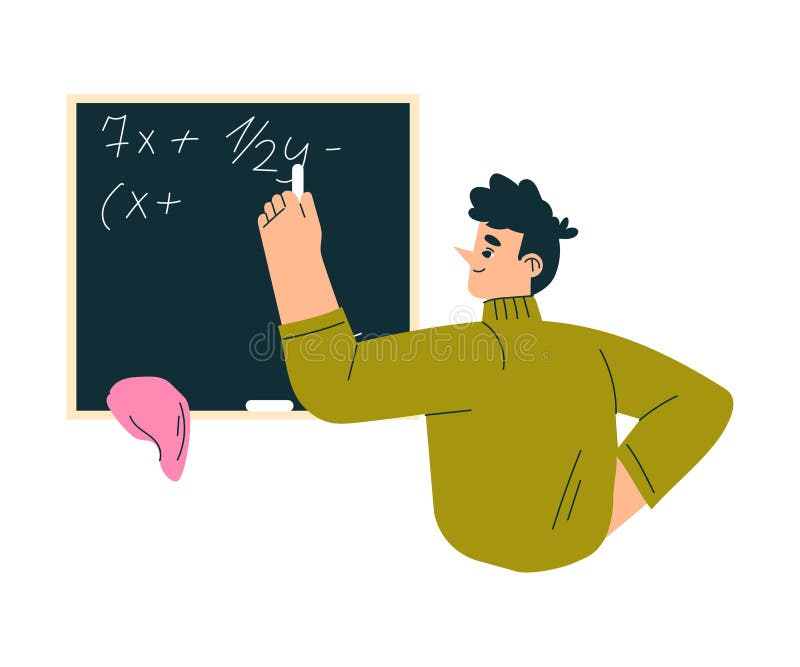 Education with Man Character Write Math Sum on Chalkboard Learning and ...