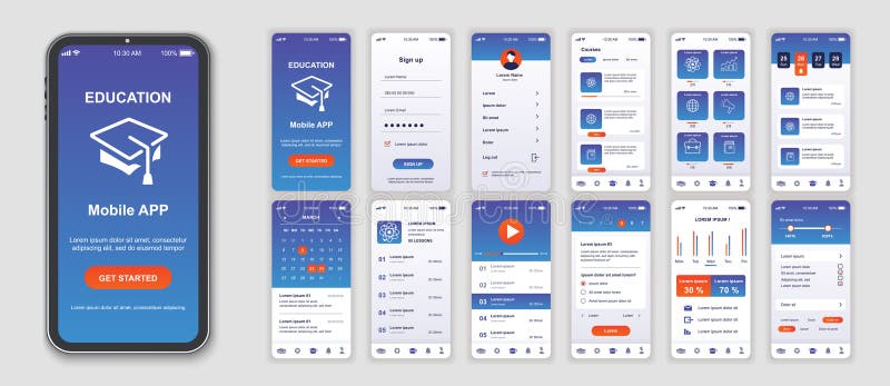 Education Mobile App Interface Screens Template Set. Online Account ...