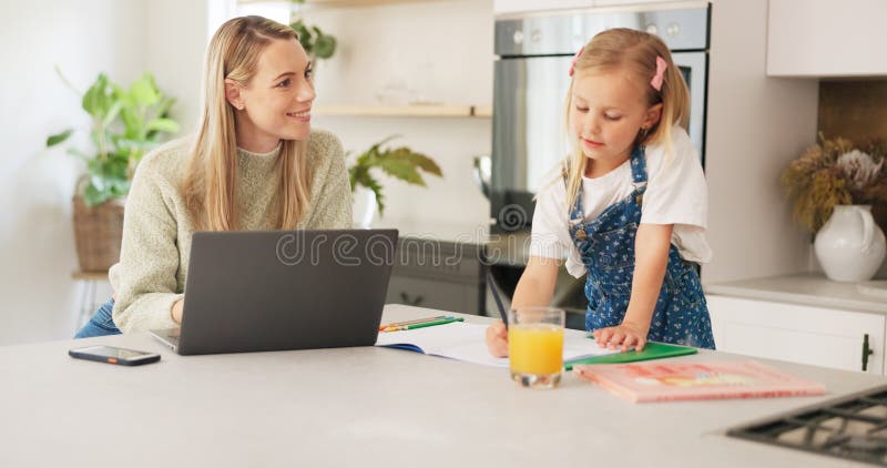 Education, Mother and Girl Writing in Kitchen for School Task ...