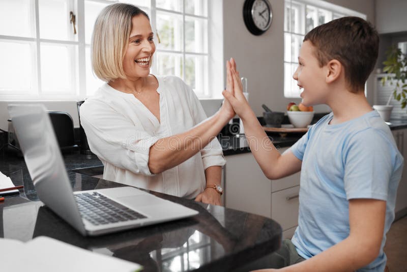 Education, Mother and Student with High Five in Home for Elearning ...