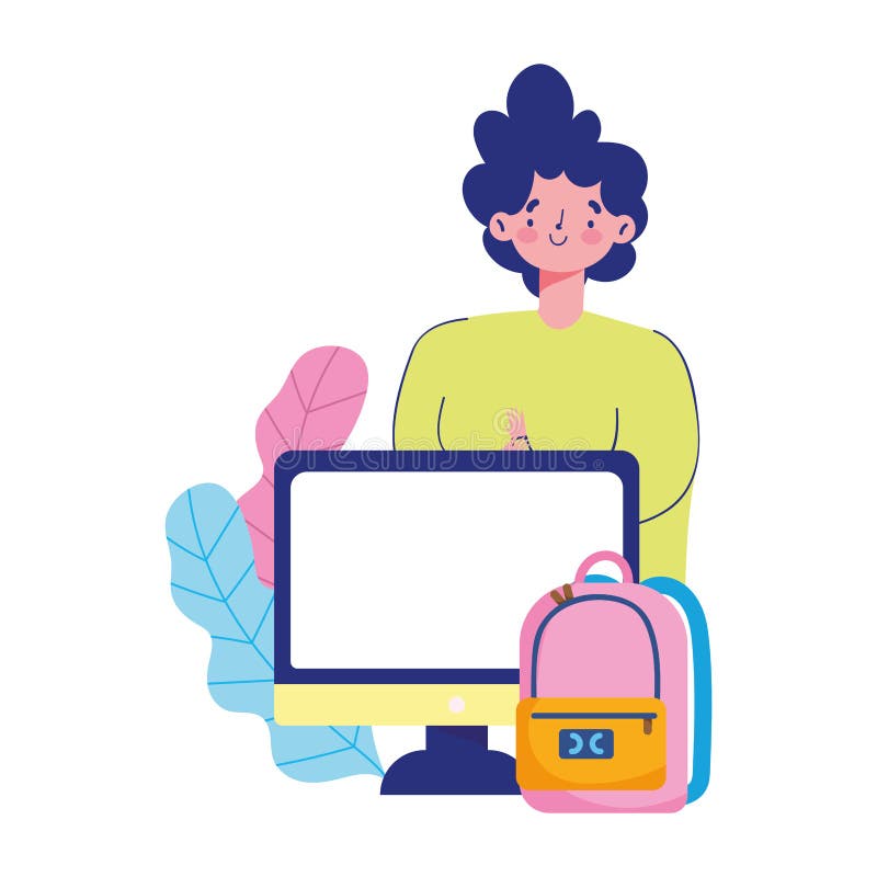 Education Online, Boy Student Computer and Backpack Cartoon Stock ...