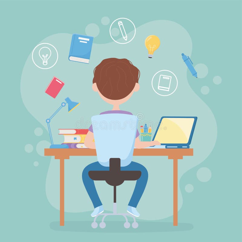Education Online Student Boy Sitting Back View in Desk Studying with ...