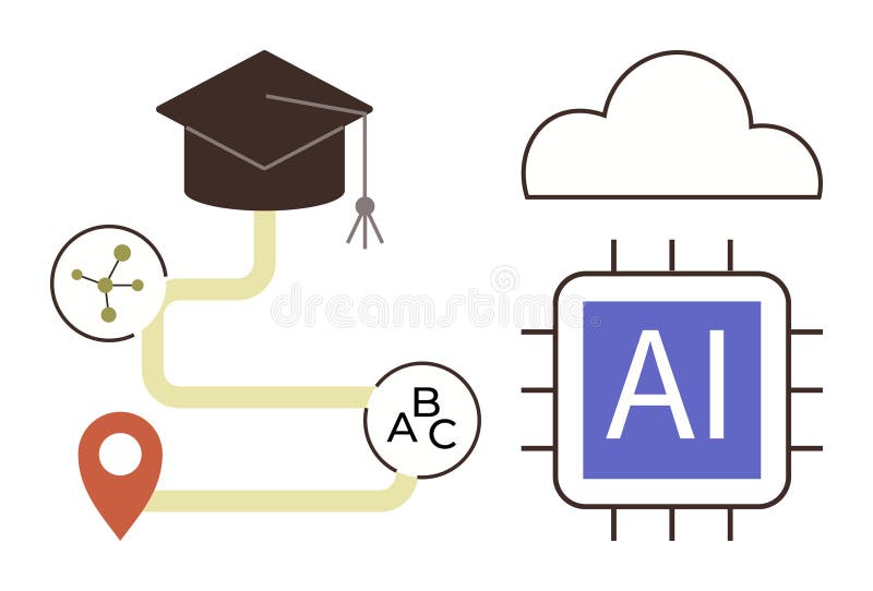 Education Pathway To AI with Graduation Cap, Map Route, Neural Network, Cloud, and AI Chip Stock ...