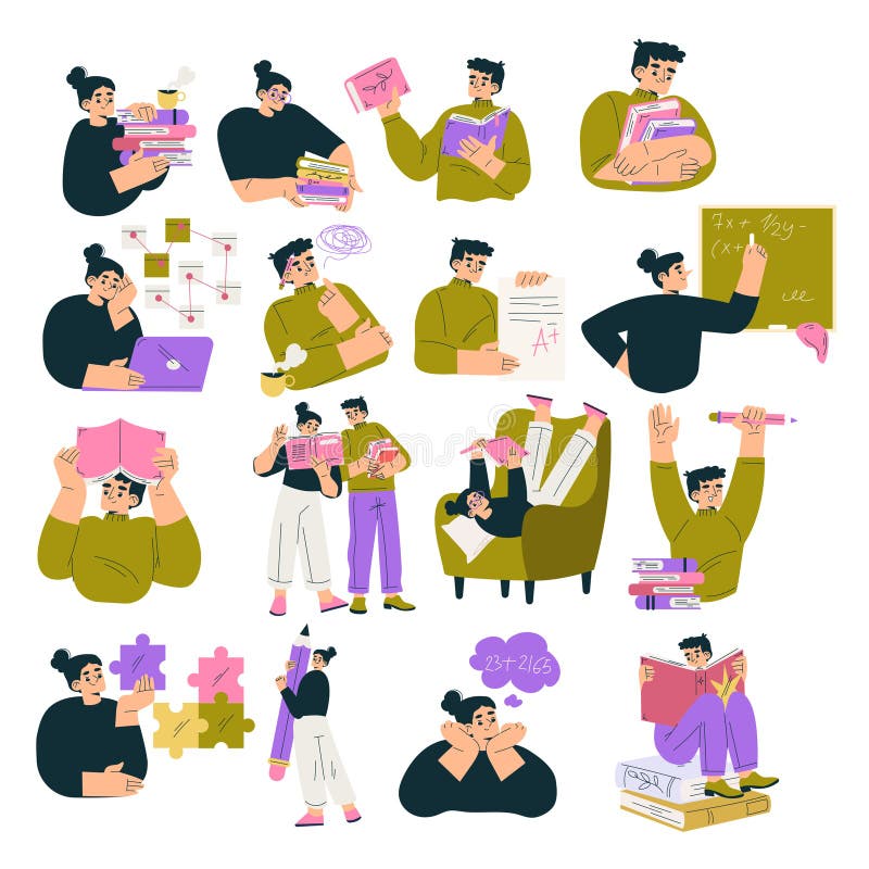 Clever Man Character in Glasses Learning Sitting at Desk with Open Book ...