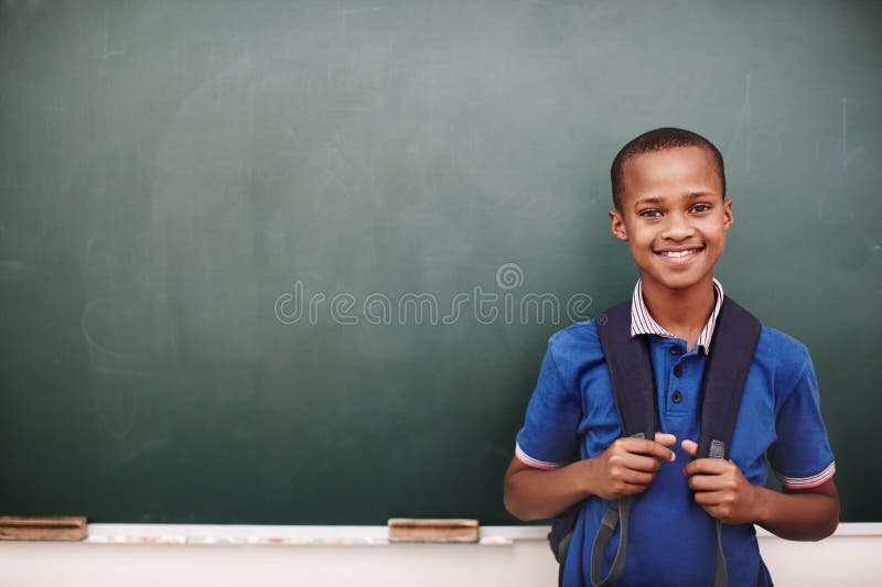 Education, Portrait and Smile of Student on Chalkboard in School ...