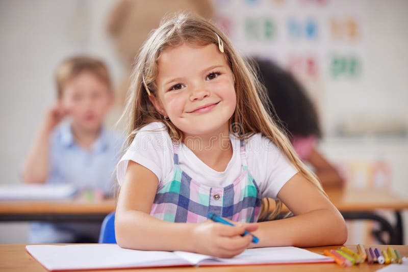 Education, Portrait and Writing with Girl Student in Classroom for ...