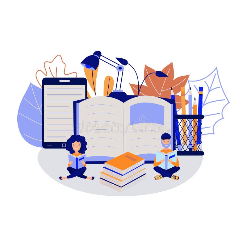 Education Process with Young Students Sitting and Standing on Pile of ...