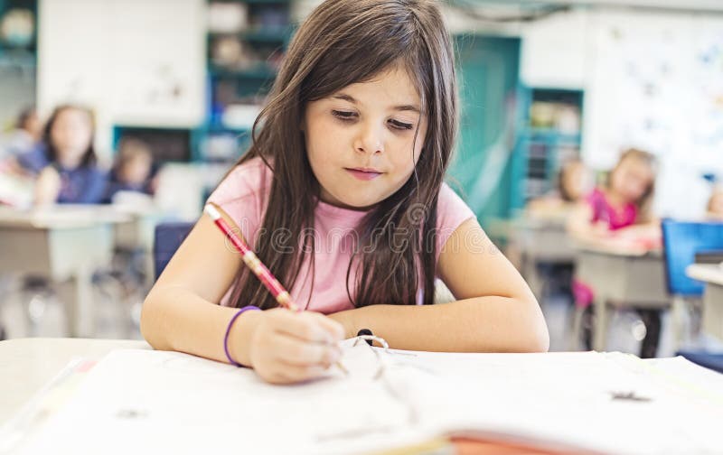Education and School Concept Little Student Girl Studying at School ...
