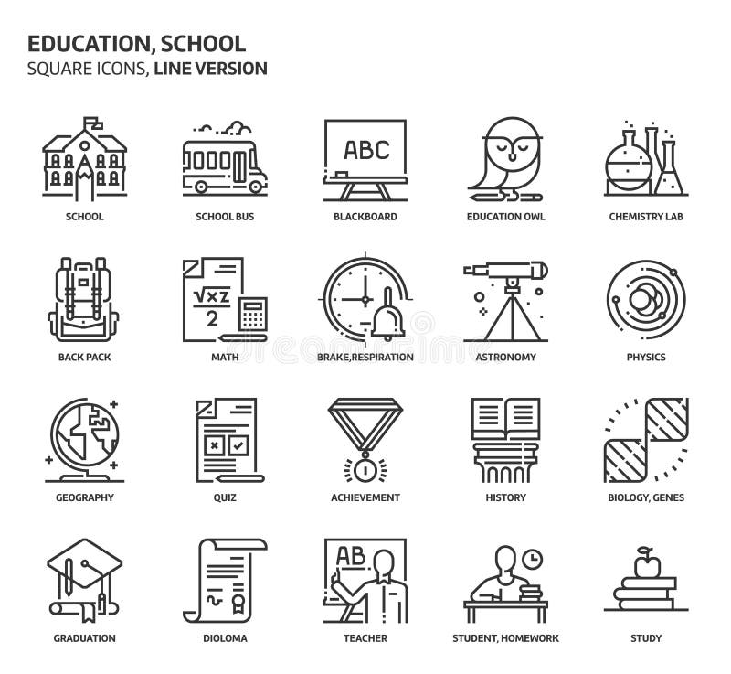 Education, School Square Icon Set Stock Vector - Illustration of ...