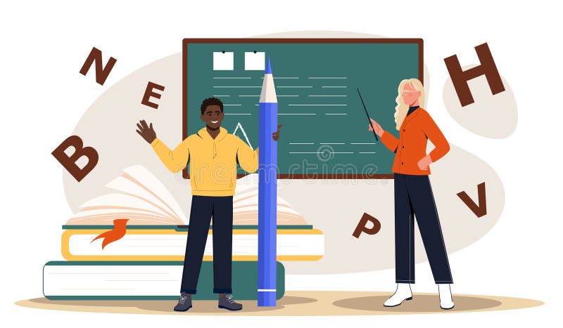 Education in School. Teacher with Pointer Near Chalkboard. Student at ...