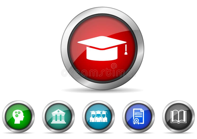 Education, School and University Icons, Silver Metallic Circle Glossy ...