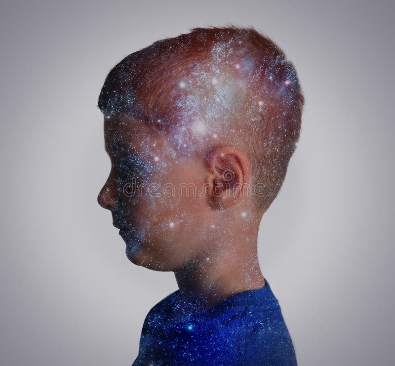 Space Science Boy in Box with Stars on Black Stock Image - Image of ...