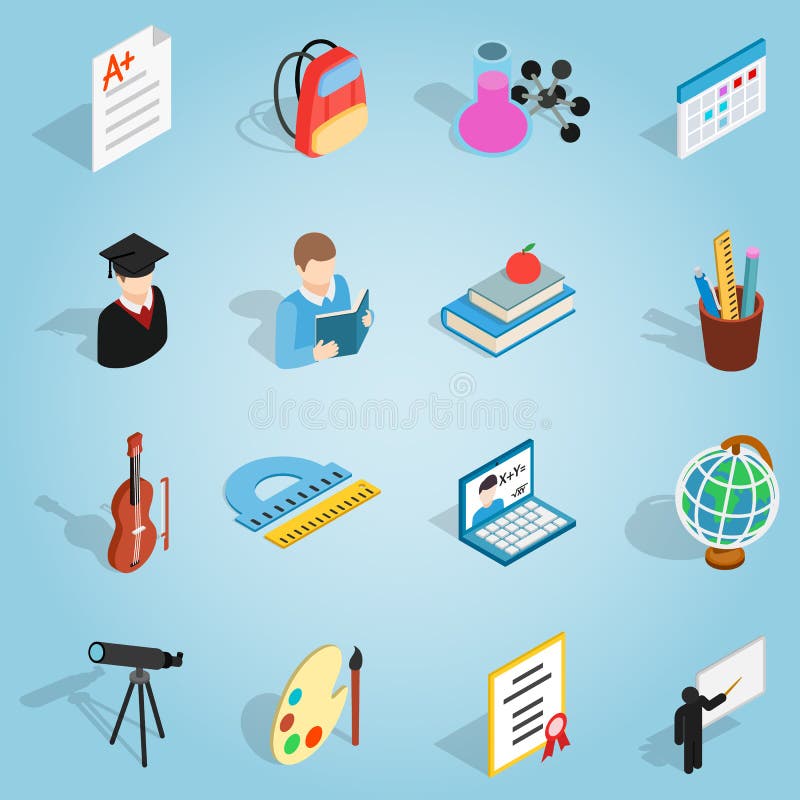 Education Set Icons, Isometric 3d Style Stock Vector - Illustration of ...