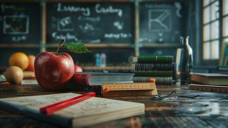 Rustic Classroom Still Life Red Apple Books Wooden Desk Learning ...