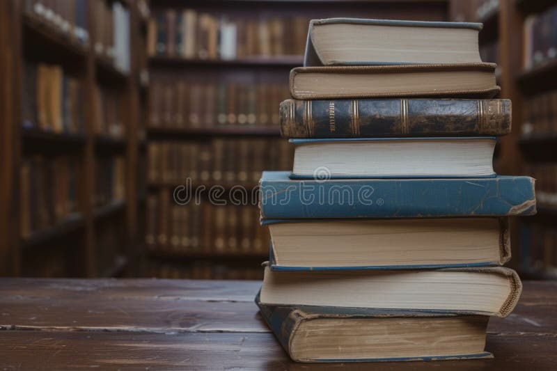 Education Setup Stack of Books on a Wooden Table in Library Stock ...