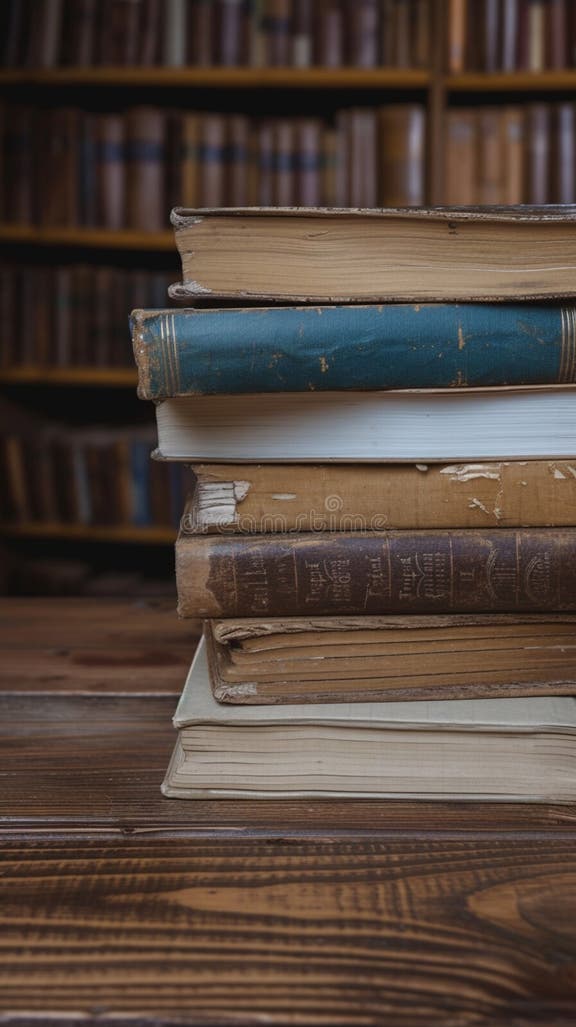 Education Setup Stack of Books on a Wooden Table in Library Stock ...