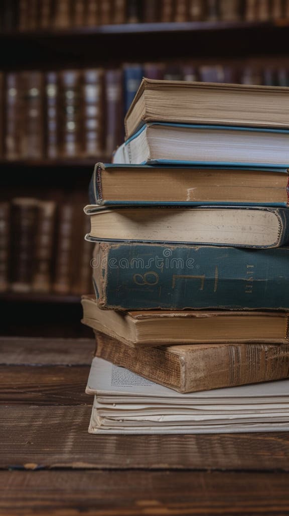 Education Setup Stack of Books on a Wooden Table in Library Stock ...