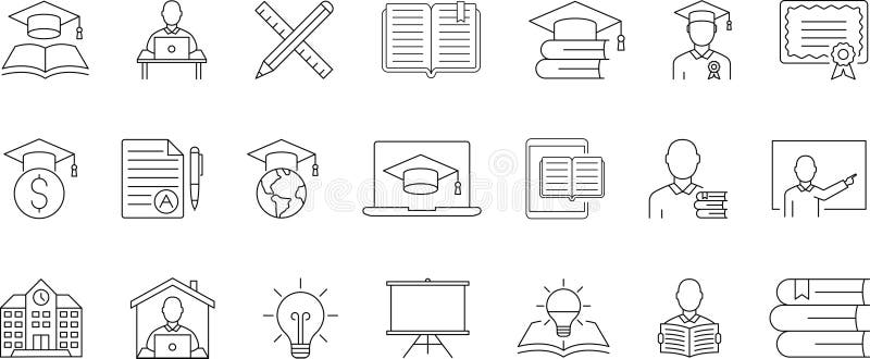 Education Simple Thin Line Icons. E-learning, Tutorial, Distance Learning, Video and Audio ...