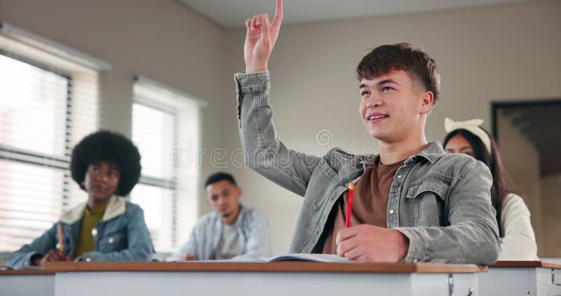 Education, Student and Question with Student at Desk of Classroom in ...