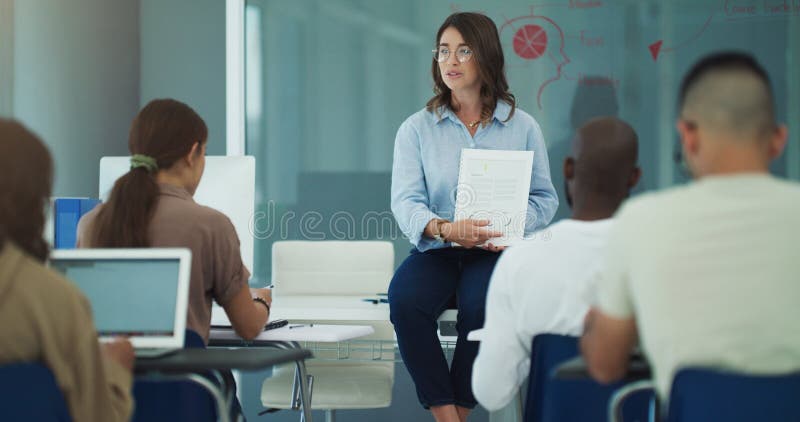 Education, Students College Professor with Documents in Classroom for ...