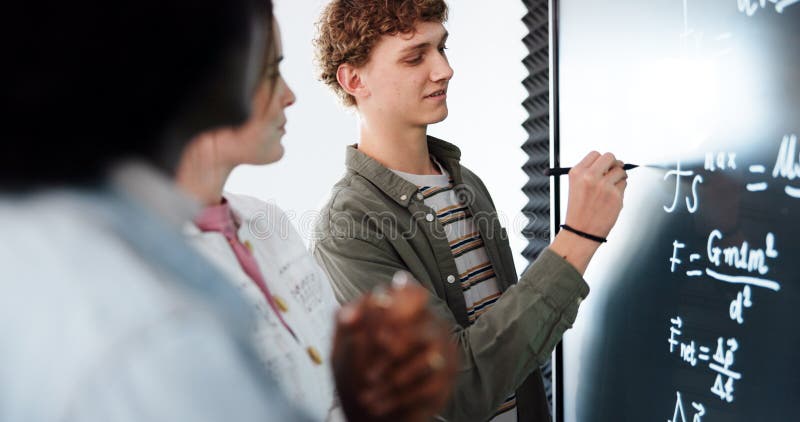 Education, Students and People with Formula, Smart Board or Revision ...