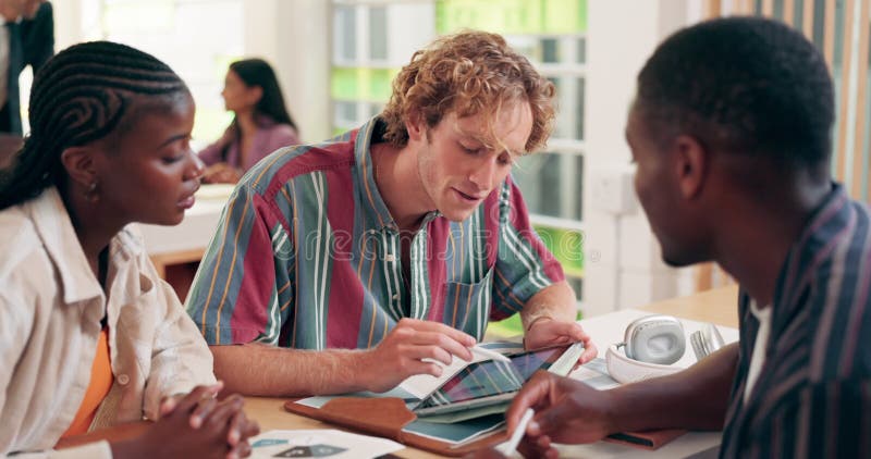 Education, Studying and Group of Friends with Tablet in Classroom in ...