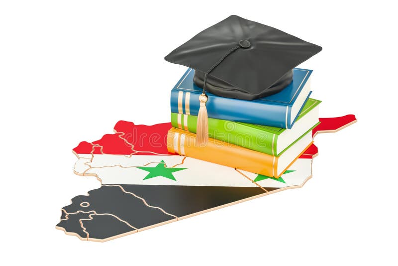Education in Syria Concept. Syrian Flag with Graduation Cap, 3D ...