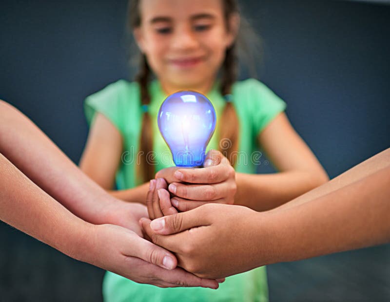 Education, Teamwork and Lightbulb with Children in Studio for ...