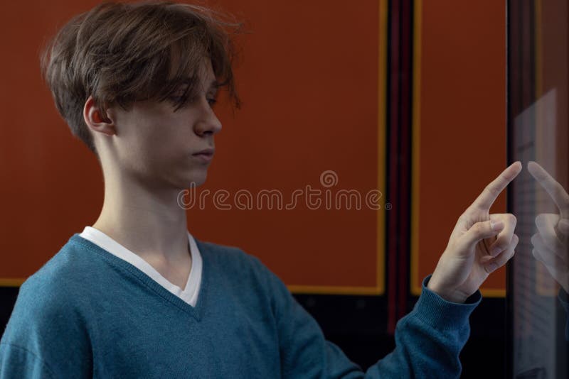 Education and Technology Concept, Young Man Using Electronic Kiosk ...
