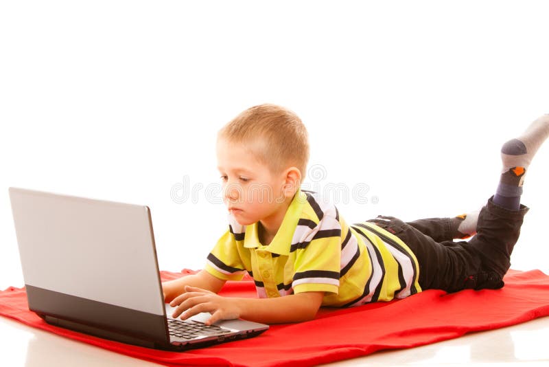 Education, Technology Internet - Little Boy with Laptop Stock Photo ...