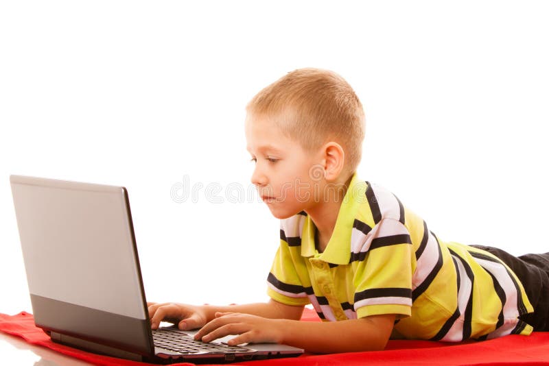 Education, Technology Internet - Little Boy with Laptop Stock Photo ...