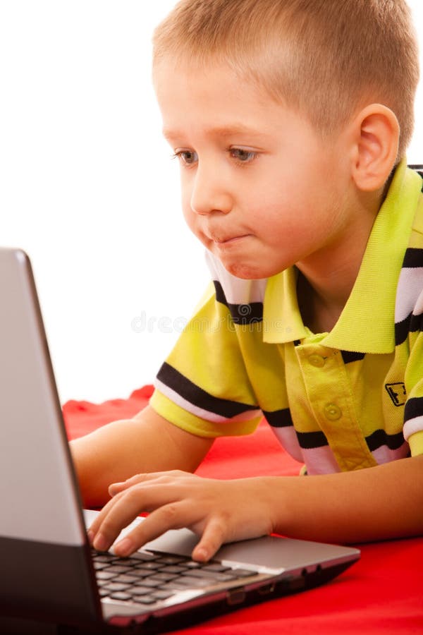 Education, Technology Internet - Little Boy with Laptop Stock Photo ...