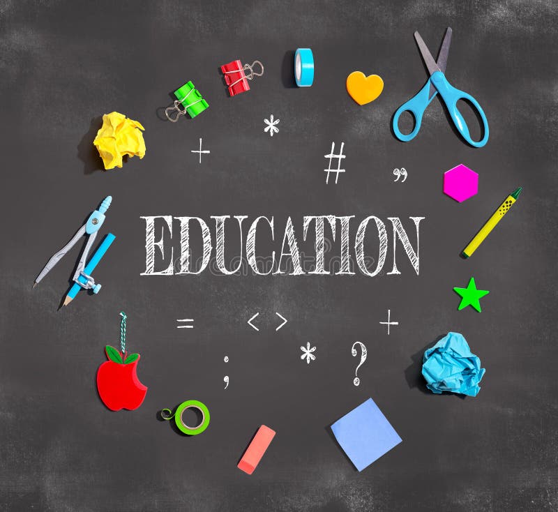 Education Theme with School Supplies on a Chalkboard Stock Image ...
