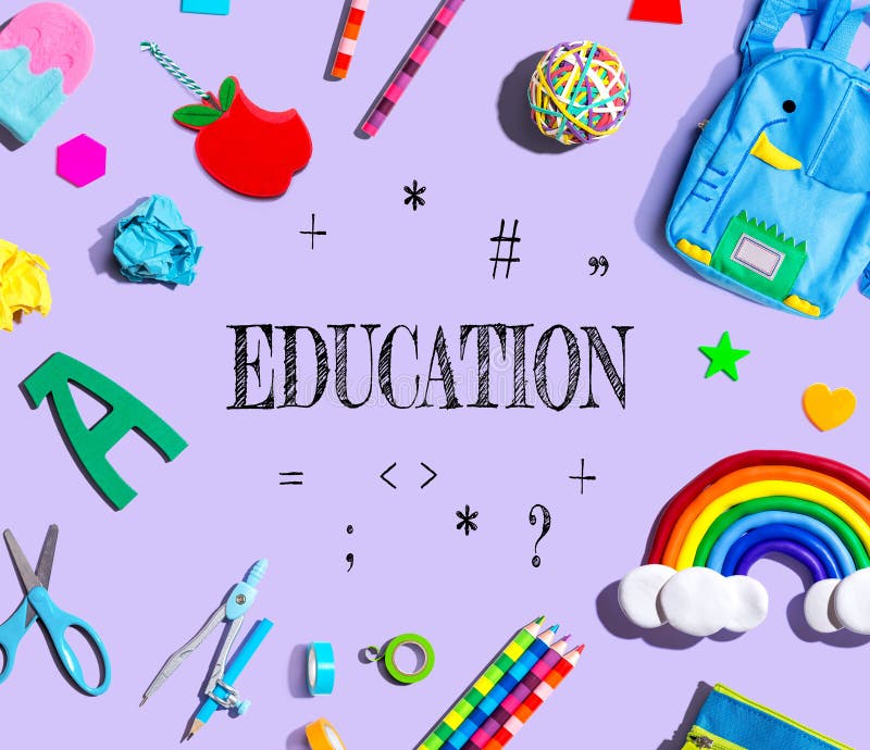 Education Theme with School Supplies on a Purple Background Stock Image ...