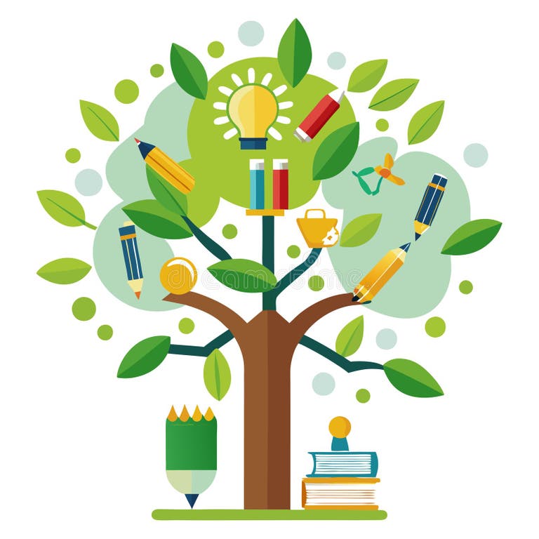 Education Tree Concept: Growth of Ideas and Knowledge with Learning Materials Stock Vector ...