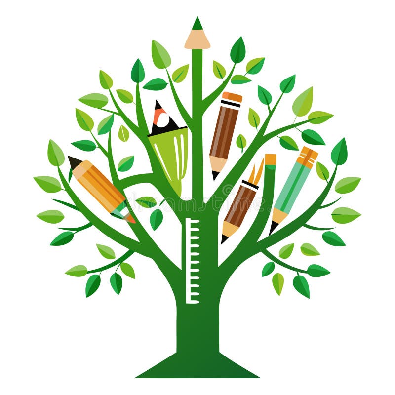 Education Tree with Pencils and Ruler, Symbolizing Growth and Learning ...