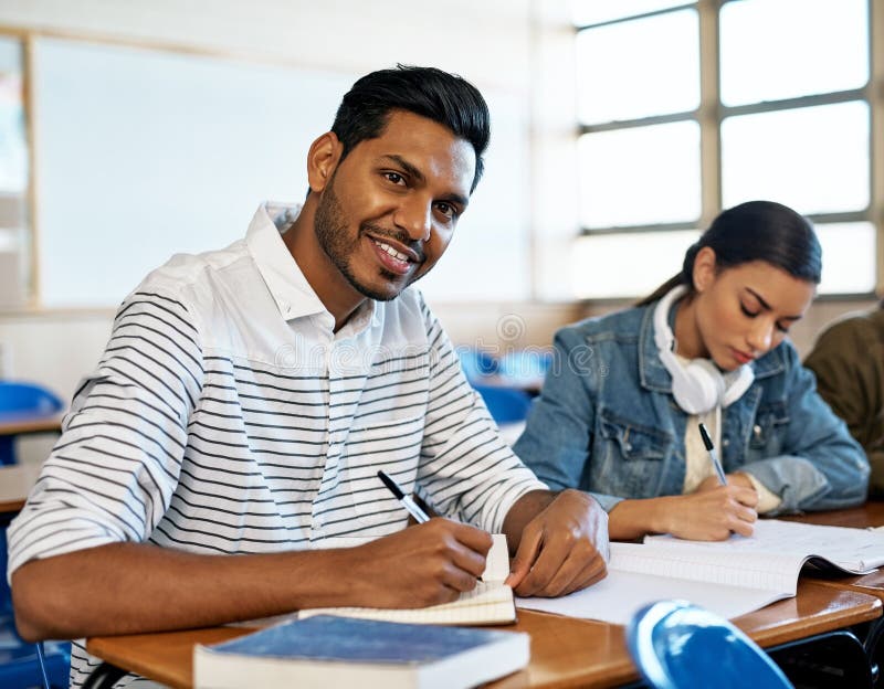 Education, University Student and Writing Portrait in Classroom for ...