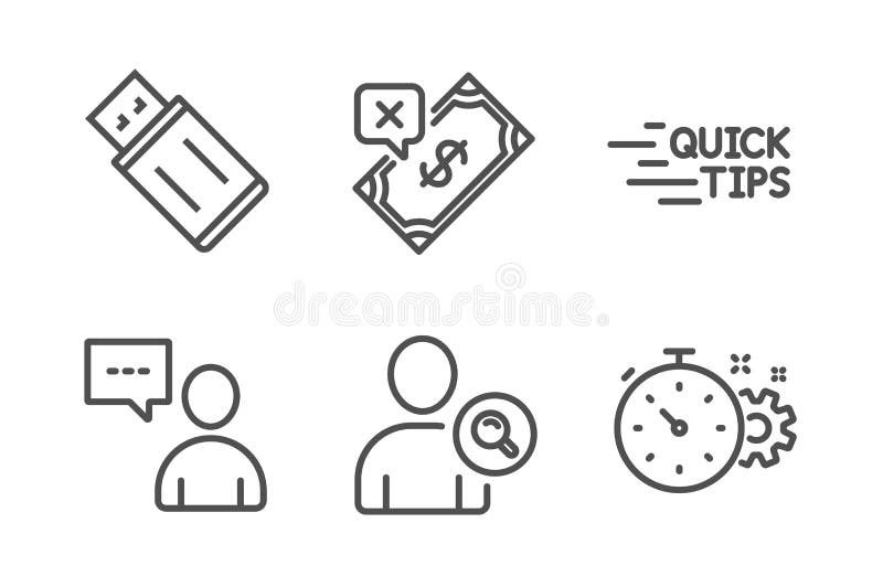 Education, Users Chat and Rejected Payment Icons Set. Find User, Usb Flash and Cogwheel Timer ...