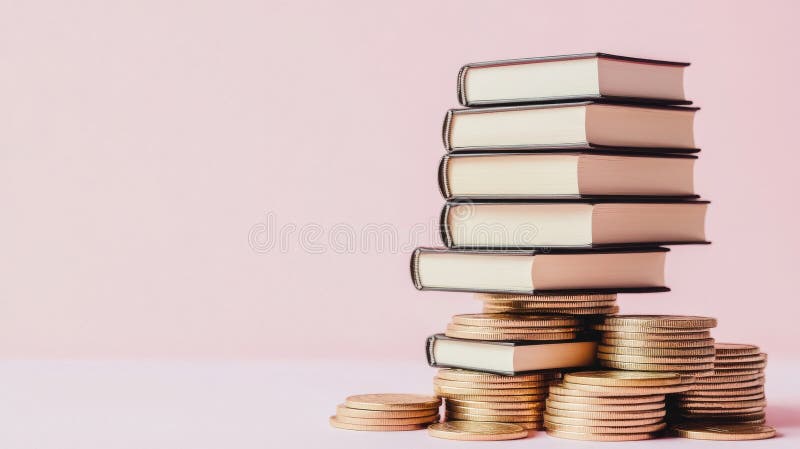 Education Wealth Concept Stack Books Coins Pink Background Stock Photos ...