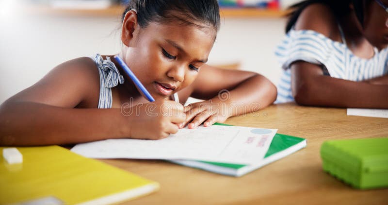 Education, Writing and Child with Homework in House for Learning ...